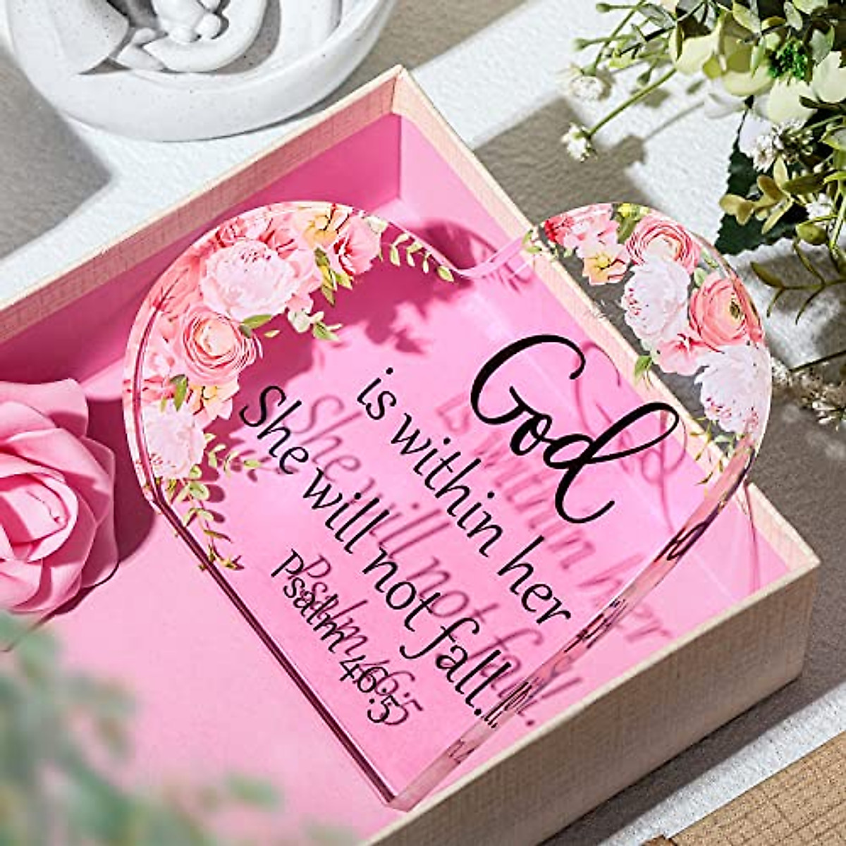 Christian Gifts for Women Inspirational Religious Gifts for Her Bible Verse Desk Decor God Is Within Her She Will Not Fall Acrylic Motivational Birthday Gift for Mom Sister Friend Coworker (Floral)