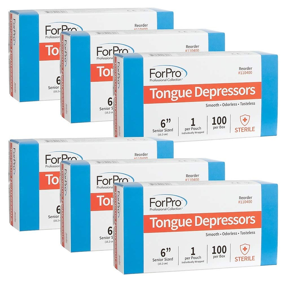 ForPro Professional Collection Senior Tongue Depressors, Large Wax Applicator Sticks, 6" Sized, Sterile, Individually Wrapped, 100 Count, Pack of 6