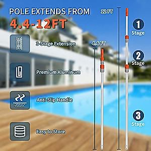 Buyplus Swimming Pool Brush with Pole - 19" Polished Nylon Bristles Pool Brushes Head and 12 ft Aluminum Telescopic Pool Poles, Designed for Cleaning Walls, Tiles & Floors