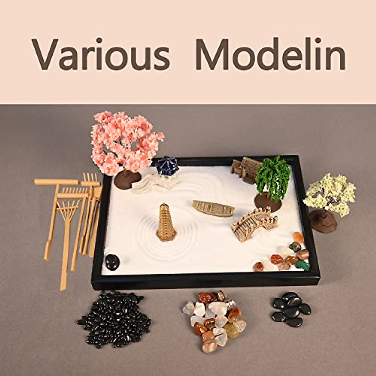 Yoquare Mini Zen Garden Kit - 10" x 7" Upgraded Zen Garden for Desk with 18 Accessories Sand Garden Decoration Included Sand Tray,Zen Garden Rake,Trees,Pagoda,Bridge,Pavilion,Boat Zen Gifts Women