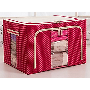 JJMG Stackable Polka Dots Oxford Cloth Steel Frame Shelf Quilt Clothing Blanket Pillow Shoe Storage Box Holder Container Organizer See-Through Window Double Zipper Folding- Red 66L 20"x16"x13" (2)