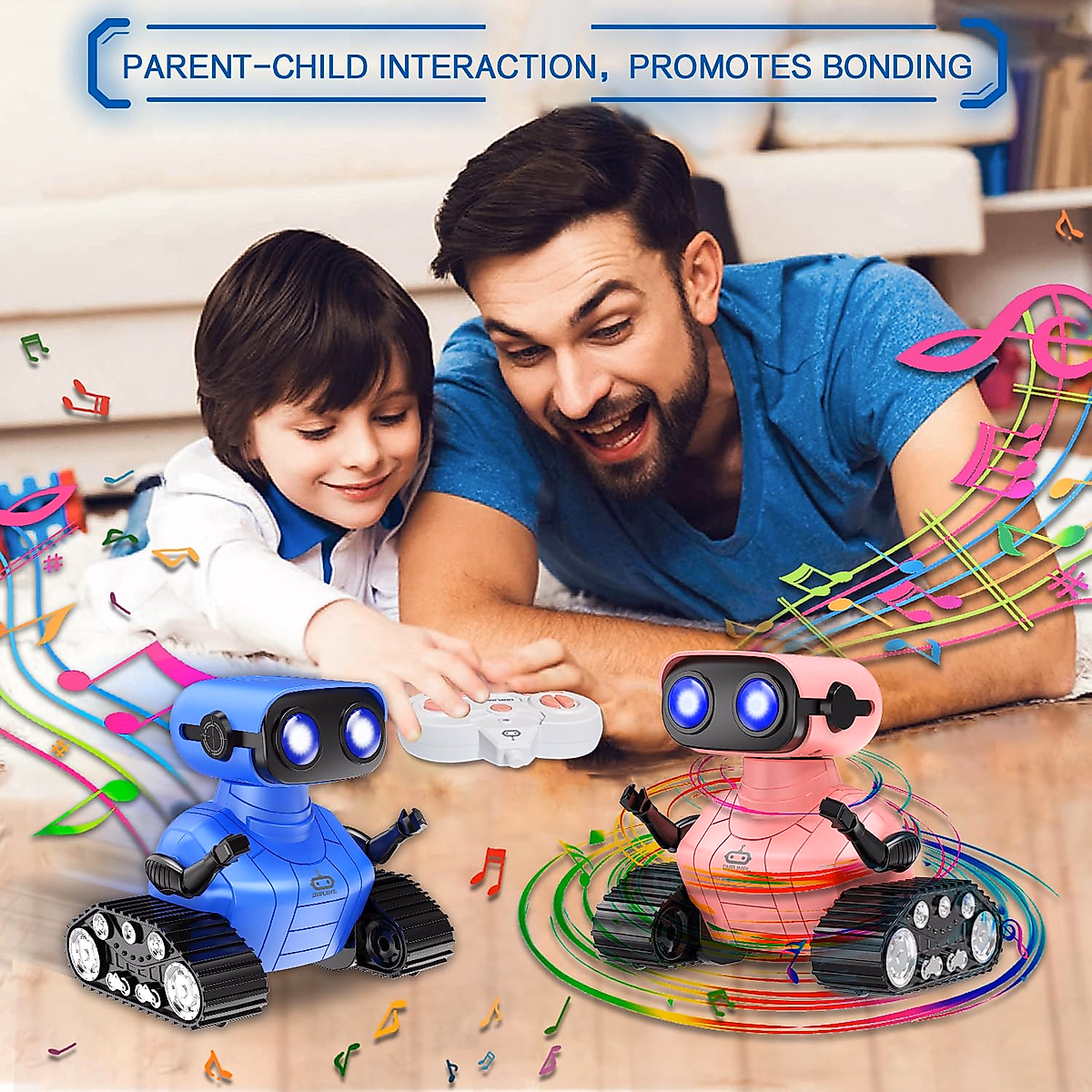 JAMLAMQ Robot Toys for 3 Years Old Boys Girls-Rechargeable Remote Control Robot Toys,Toy with Music and LED Eyes,Emo Robot with Auto-Demonstration,Dance Moves,Kids Toys Gifts (Blue)