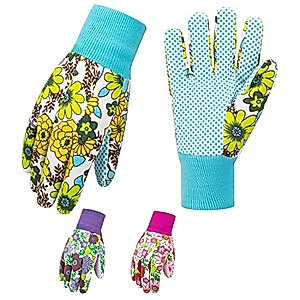 Garden Gloves Women,3 Pairs Breathable Anti-slip Floral Printed Gardening Work Gloves with PVC Dots for Planting and Work (Pink,Green,Purple)