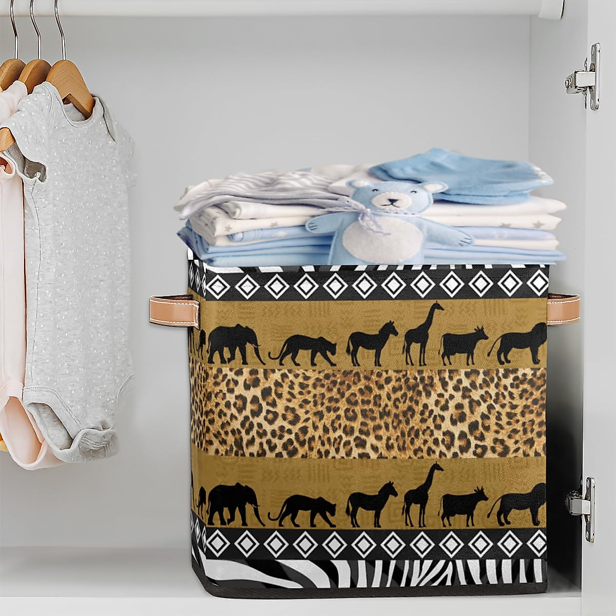 Mardesigns Leopard Print Animal 13 x 13 x 13 Inch Cube Storage Bins Bohemian Fabric Foldable Storage Cubes Basket Boxes with PU Handles for Shelves Closet Bedroom Organizer Clothes