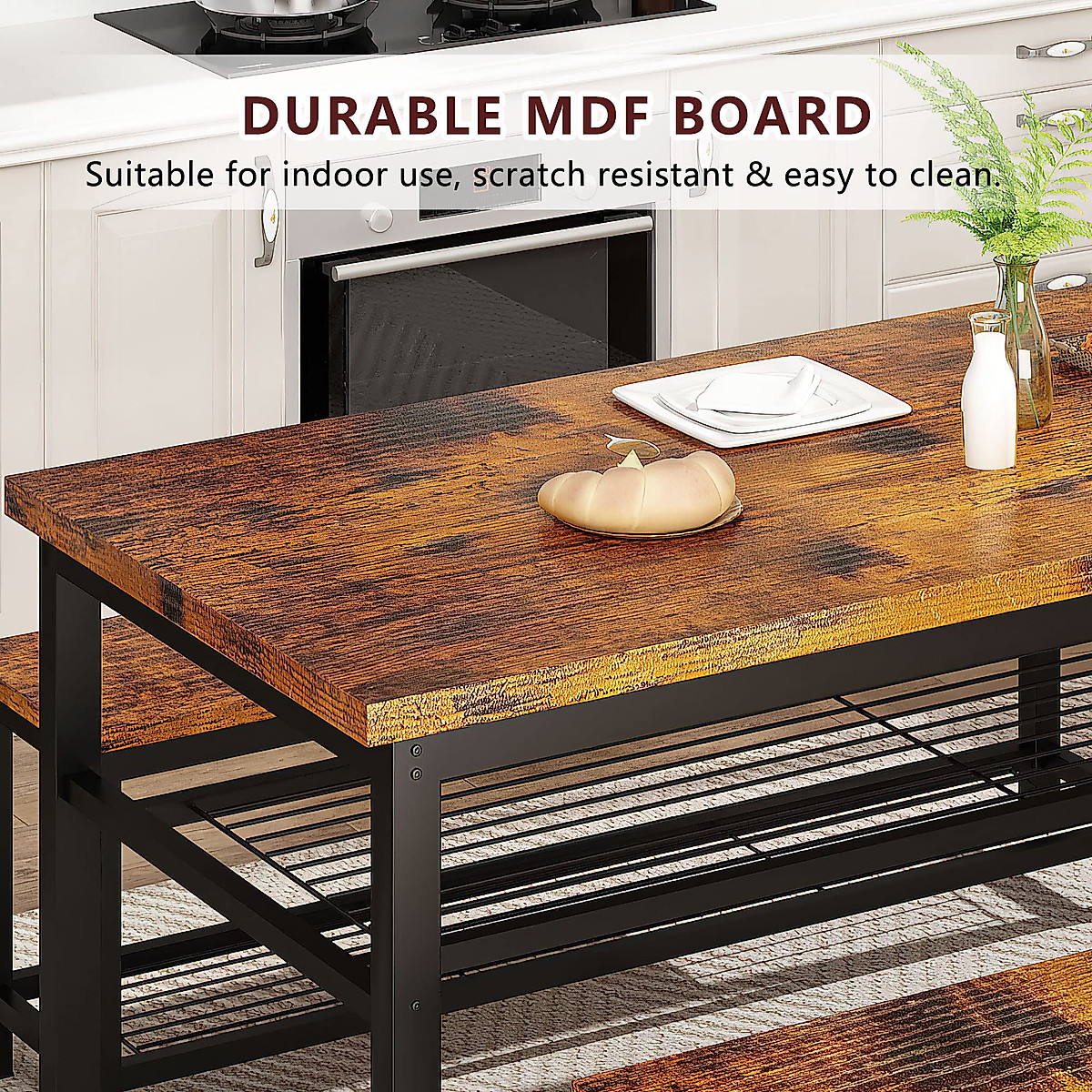 AWQM 43.3" Dining Table Set for 4, Kitchen Dining Table with 2 Benches, Dining Room Table Set with Metal Frame & Storage Rack for Kitchen, Restaurant, Rustic Brown