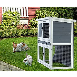 Evedy Wooden 2-Layer Pet House with Easy Clear Tray,Rabbit Bunny Hutch Chicken Coops Dog Cage,Dark Gray, 36''L X 17.7''D X 31.9''H