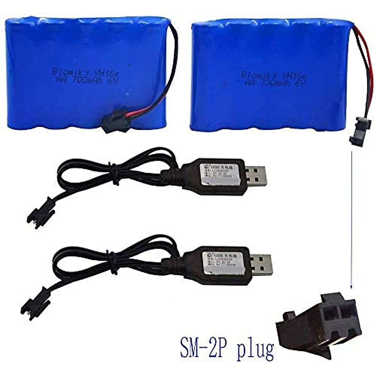 Blomiky 2 Pack 6.0V 700mAh Ni-CD AA Rechargeable Battery Pack SM2P Plug and 2 USB Charger Cable Fit for Old Version 11.5Inch Amphibious Stunt RC Cars Vehicles / 6V 700mAH and USB 2