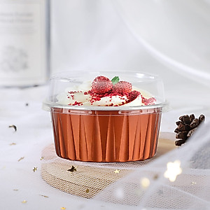 EUSOAR Foil Baking Cups, 30pcs 5oz Disposable Aluminum Foil Cups Cupcake Containers Wrappers with Lids, Dessert Cups with Lids Mini Aluminum Cheesecake Pan Creme Brulee Ramekins-Caramel