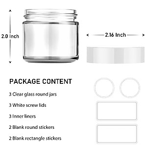 2 oz Glass Jars with Lids, Bumobum 3 pack Clear Small Jar with White Lids, Blank Labels & Inner Liners, 60 ml Empty Round Cosmetic Containers for Sample, Powder, Cream, Lotion, Spice