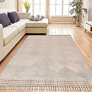 Casavani Handmade Area Rug Hand Block Printed Moroccan Tassels Throw Rug Hand Woven Door Mat Floor Rug Indoor Rugs for Bedroom Bathroom Laundry Room Living Room 6x8 Feet (180x240 cm)