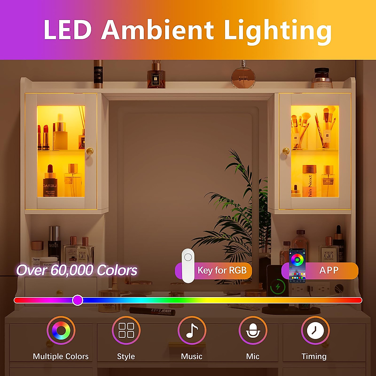 White Vanity Desk with Mirror, Lights and Charging Station - Large Makeup Table Set with RGB Cabinets and 3 LED Light Modes