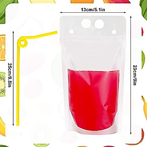 LOMIMOS 50 PCS Stand-Up Plastic Drink Pouches,Reusable Heavy Duty Hand-Held Translucent Reclosable Zipper Drink Bag with 50 Straws for Smoothie Juice Adult Party