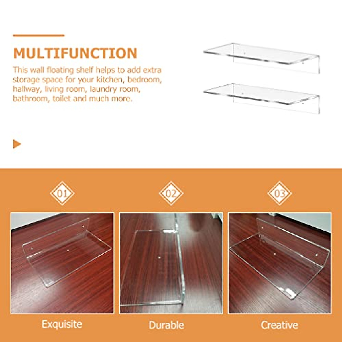 ULTECHNOVO 2Pcs Acrylic Floating Shelves Clear Wall Dispay Shelf Space Saving Wall Bookshelf Invisible Floating Organizer for Living Room Bedroom Home Office Transparent