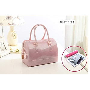 Ladies Summer Jelly Pillow-shaped Top Handle Handbag Candy Color Transparent Crystal Purse (Glitter Pink)