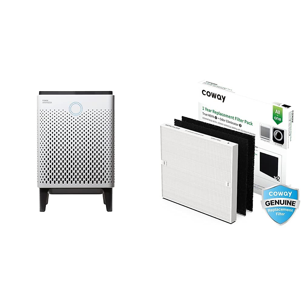 Coway Airmega 300 True HEPA Air Purifier with Smart Technology, Covers 1,256 sq.ft, White & Airmega AP-1512HH Air Purifier Replacement Filter Set, 1 Count (Pack of 1), White