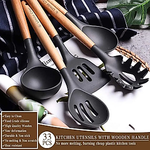 Kitchen Utensil, Cooking utensils, Cookware Set, 33-Piece, Kitchen, Cooking, Wooden Handle, Silicone Kitchen Products, Nonstick Heat-Resistant, Cookware Tools, Kitchen Gadgets, (Black)