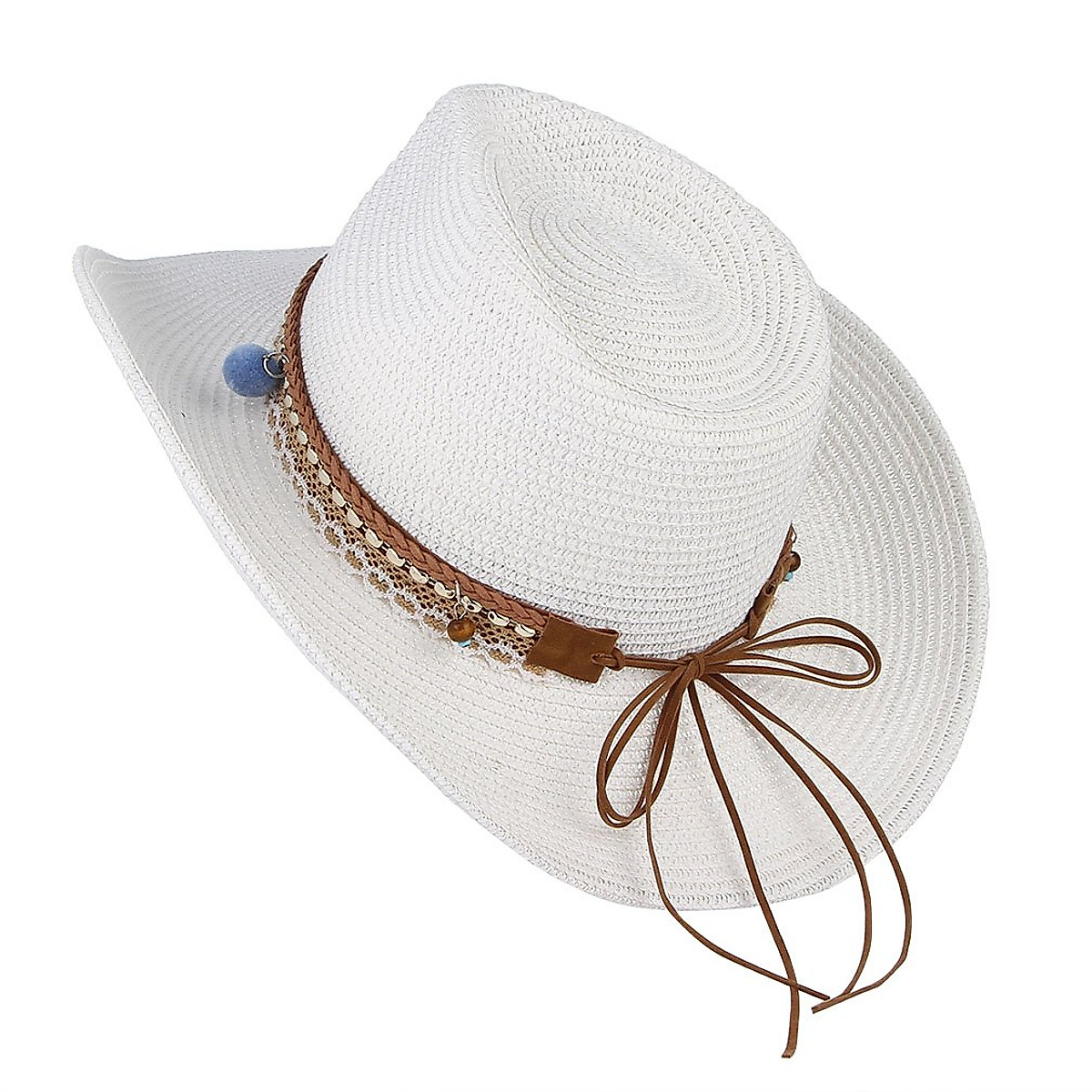 GEMVIE Cowboy Cowgirl Floppy Sun Hat Fedora Straw Wide Brim Bucket Beach Cap White 58cm