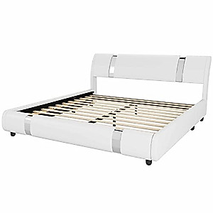Keyluv Modern Faux Leather Upholstered Platform Bed Frame with Mirror Metal Decoration Headboard, Curved Headboard, Wooden Slats Support, No Box Spring Needed, Queen Size, White