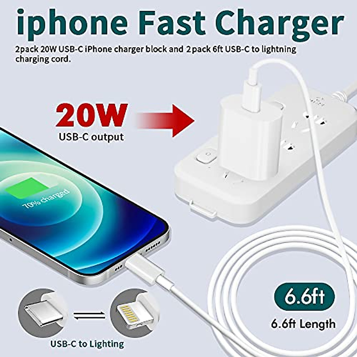 Phone 13 12 Fast Charger,MFi Certified 2-Pack 20W Type C Fast Charger Block with 6.6FT USB-C to Lightnin Cable Compatible with Phone 13/13 Pro/13 Mini/12/12 Pro/12 Pro Max/11/11 Pro/XS Max/XR/X/8Plus