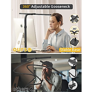 AKRRYR LED Desk Lamp for Home Office, Double Head 24W with USB Charging Port & Wireless Charger, Architect Light 5 Lighting Brightness Flexible Gooseneck Table Reading Study, Black