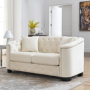 EMKK Modern Chesterfield Velvet Sofa 2-Seater Couches Upholstered Tufted Backrests with Nailhead Arms Loveseat and 2 Cushions for Living Room, Apartment, Office,Bedroom Mid Century, F-Beige