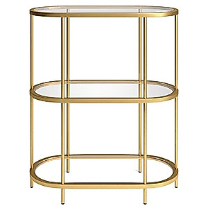 Pemberly Row Mid-Century Metal Bookcase with Glass Shelves in Brass