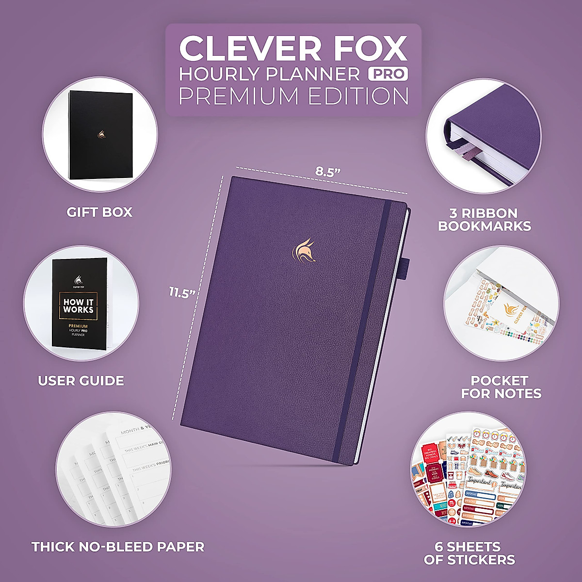 Clever Fox Hourly Planner PRO Premium – Undated Schedule Planner with Daily Time Slots – Personal Organizer Notebook for Time Management – Weekly & Monthly Life Journal, A4 size (Purple)