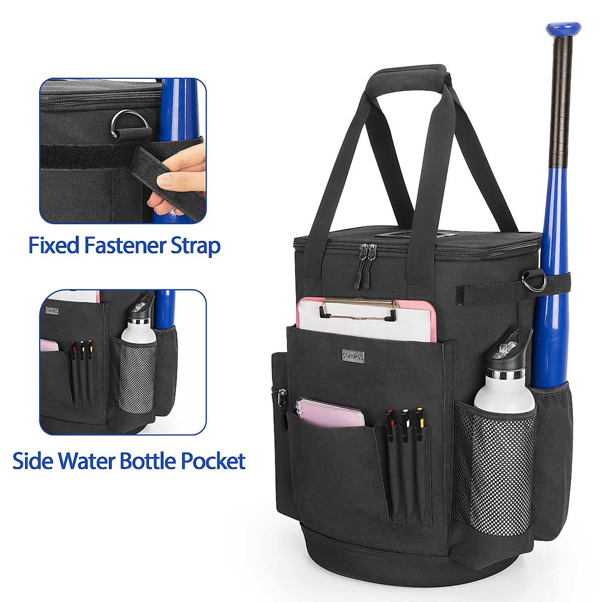 GOBUROS Baseball Ball Bucket Bag with Large Capacity, Baseball Coach Bag with Anti-Slip EVA Bottom, Softball Ball Bag with Large Space for Bat, Gloves, Scoreboards and Other Accessories