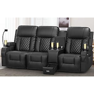 YONISEE 3 Seat Recliner Sofa, Large Reclining Sofa with Storage Console, Manual Reclining Chair with USB Ports, 2 Cell Phone Holder, 3 Seater Loveseat Recliner Couch for Living Room