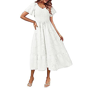 MEROKEETY Womens 2023 Summer V Neck Ruffle Sleeve Floral Dress Lace Flowy Smocked Midi Dresses,White,S