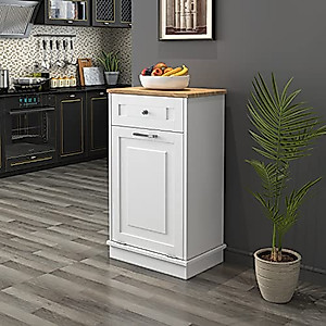 Goodyo Tilt Out Kitchen Trash Can Cabinet Wooden Trash Can Holder, Oak Top ,White w/ Drawer