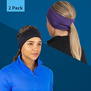 TrailHeads Women’s Ponytail Headband | Moisture Wicking Ear Band | The Power Running Headband - Black/Heather Purple - 2 Pack
