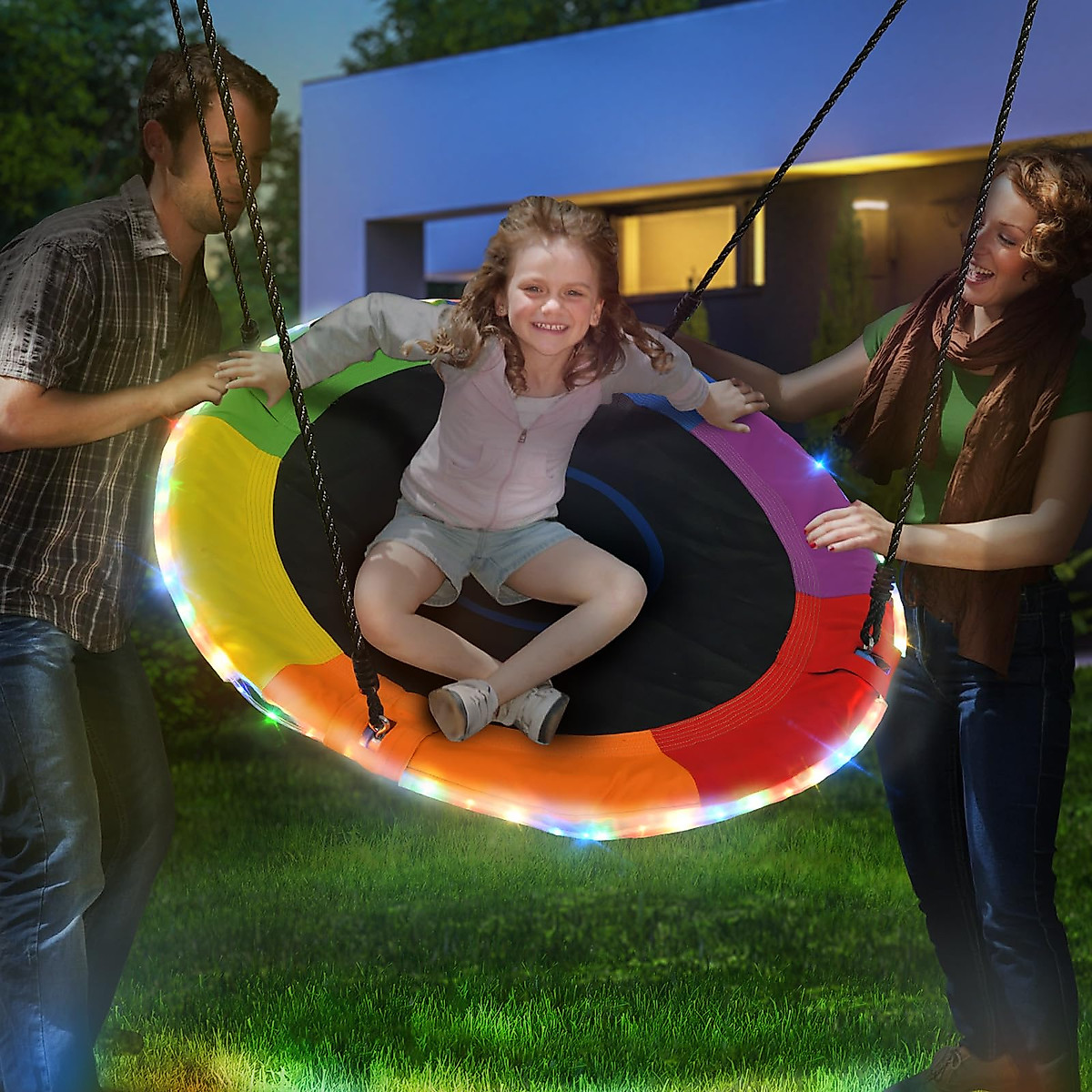 Trekassy 700lbs 40" Saucer Tree Swing for Kids Adults Outdoor with LED Lights, 2 Tree Hanging Straps-Rainbow