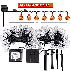 Solar Christmas String Lights Outdoor Waterproof, 2 Pack 60 LED 36.5 FT Each, Crystal Globe Lights with 8 Lighting Modes, Solar Powered Patio Lights for Garden Yard Porch Wedding Party Decor (Orange)