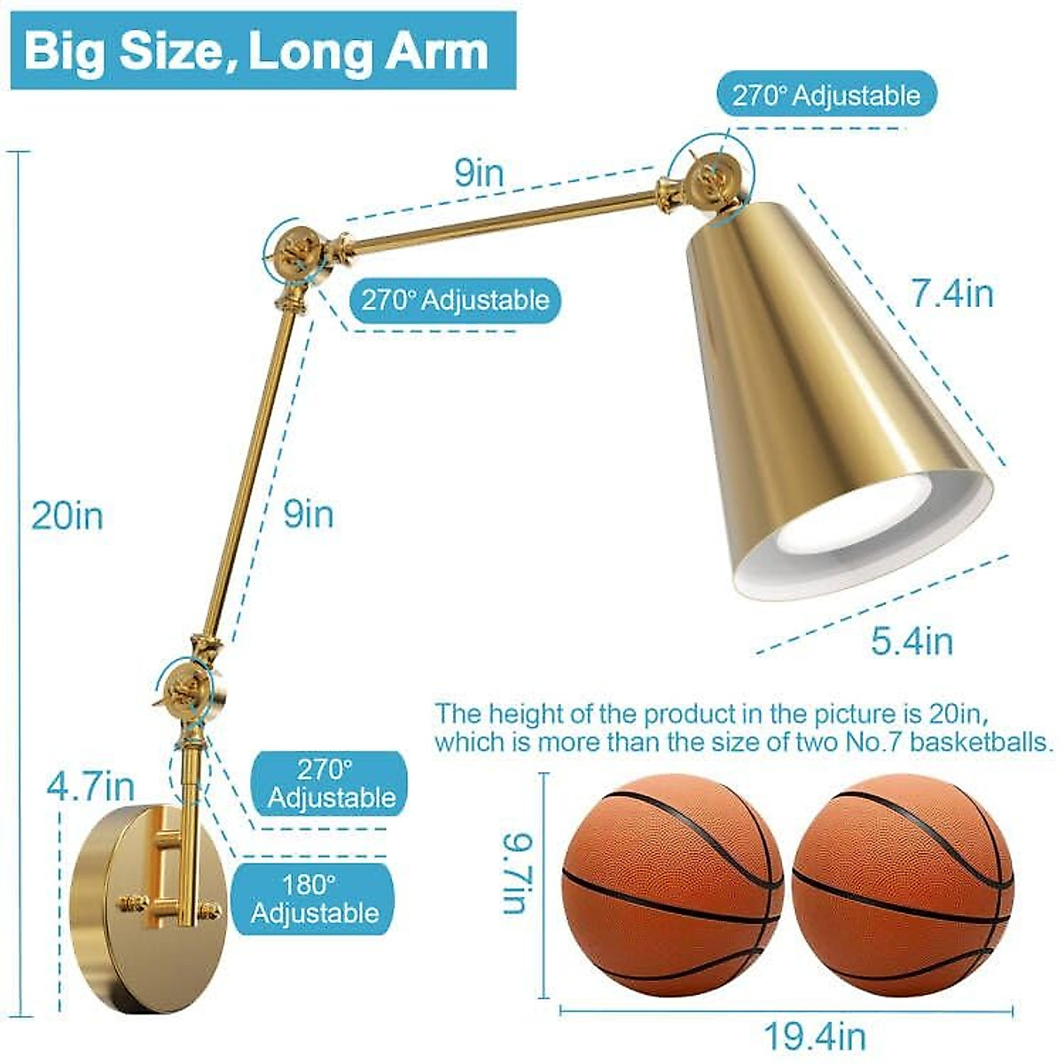 Tovmey Battery Operated Wall Sconce Big Size, Long Arm Wall Sconces Set of Two Battery Operated, Adjustable Angle Wireless Wall Sconce No Wiring, Dimmable Gold Wall Sconces Battery Operated for Room