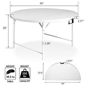 Vilobos White Patio Plastic Folding Table, 65” Dia Round Dining Table Comfortable for 8 to 10 Seat, Portable Table for Party Banquet Conference Wedding Festival Events
