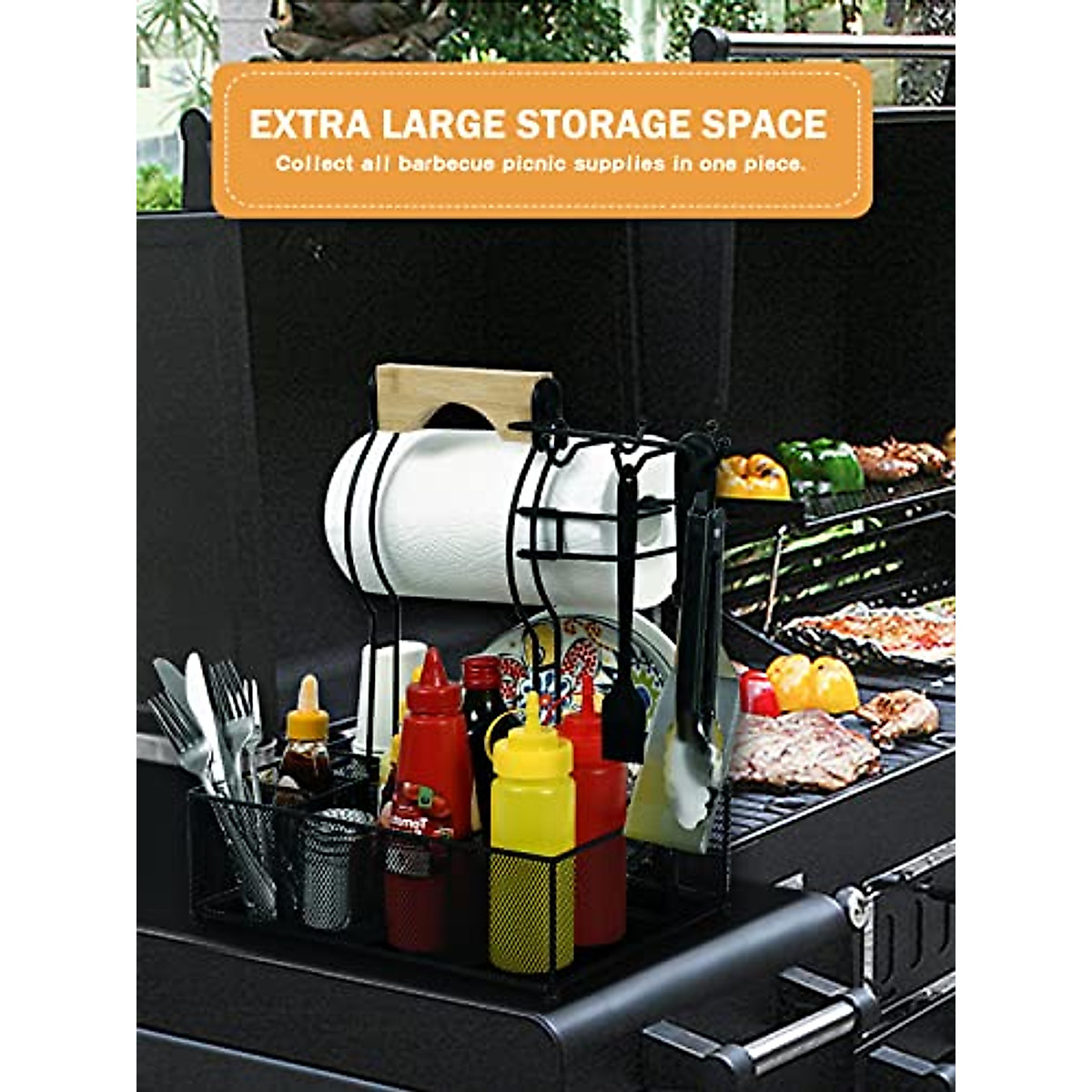 Large Grill Utensil Caddy, HYKTON Picnic Camping BBQ Organizer for Camping Outdoor Mesh Basket with 5 Hanging Hooks and Paper Towel Holder, Ideal Table Storage Tools for RV Camper/Tailgating/Flatware