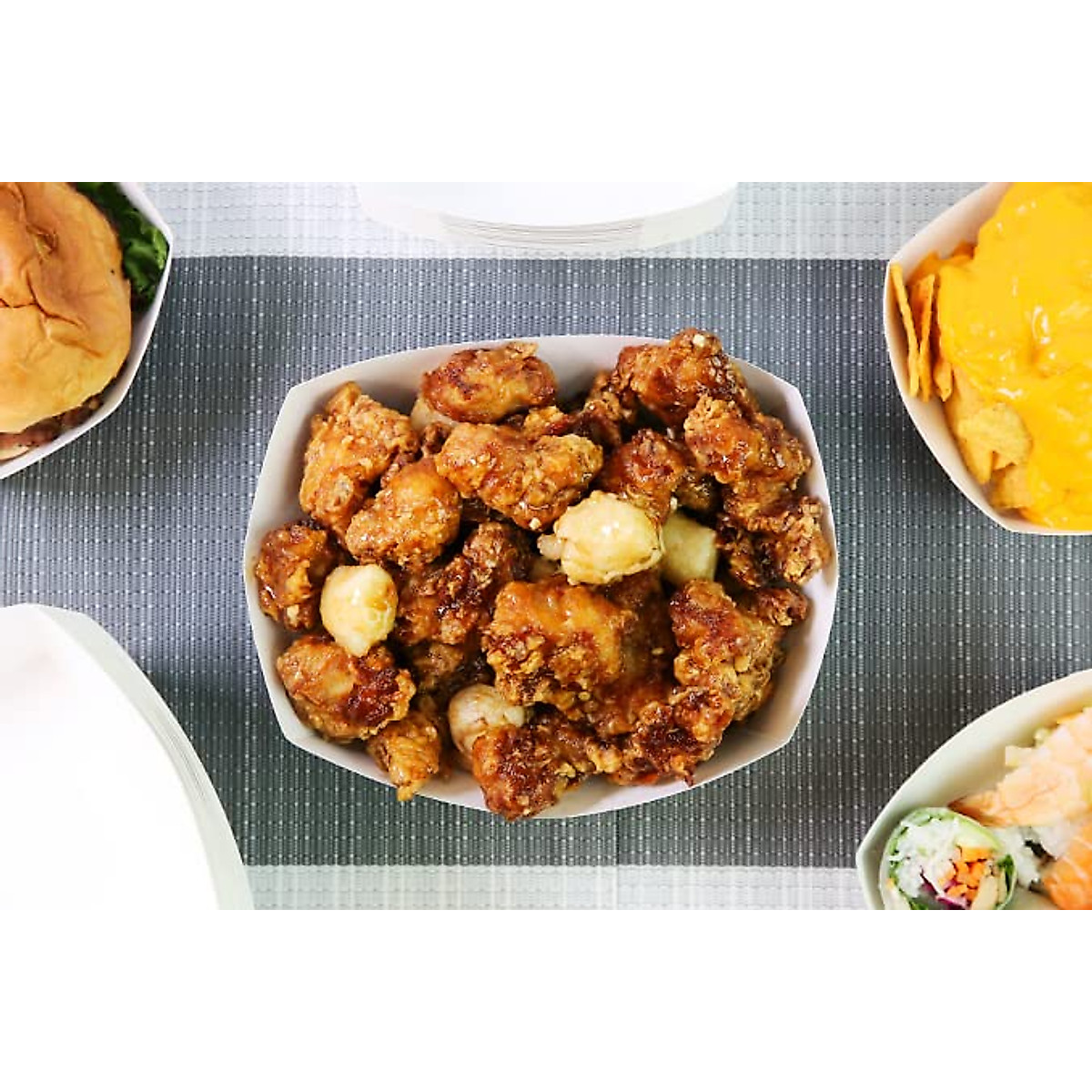 FEXTA Paper Food Serving Tray No.3 - (50 Pack) Disposable Boats Eco Friendly Hot Dog Nacho Cheese Ball Pilaf Pasta Chicken Trays Baskets for Restaurant Fast Food Party