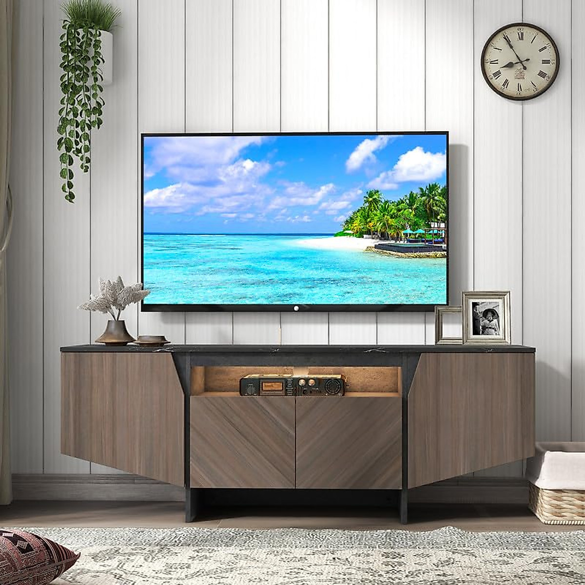 LED TV Stand with Storage Cabinet,Shelves and Cable Holes, Media Entertainment Center for TV up to 65",Television Stands Console Table Coffee Table Credenza for Living Room Bedroom,Antique Dark Grey