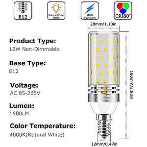 16W E12 LED Corn Bulbs, 1500LM Natural White 4000K Candelabra Light Bulbs, 100W Equivalent, E12 Base LED Chandelier Bulbs, Non-Dimmable LED Lamp, 4Pack