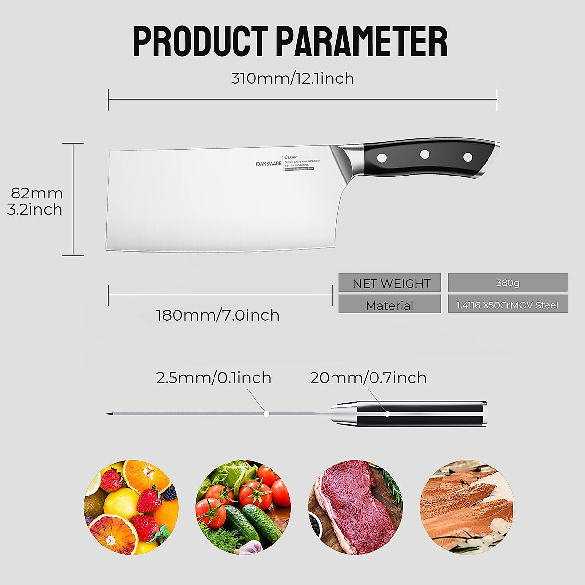 OAKSWARE Cleaver Knife 7 Inch, Chinese Chopping Knife Cleaver, German Steel & Ergonomic ABS-Handle, Sharp Meat Cleaver for Meat Cutting Vegetable Slicing