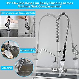 JZBRAIN Commercial Faucet with Sprayer, 36'' Height 8 Inch Center Brass Constructed Wall Mount Kitchen Sink Faucet with Pull Down Pre-Rinse Sprayer and 12" Swing Spout Fit for 2/3 Compartment Sink