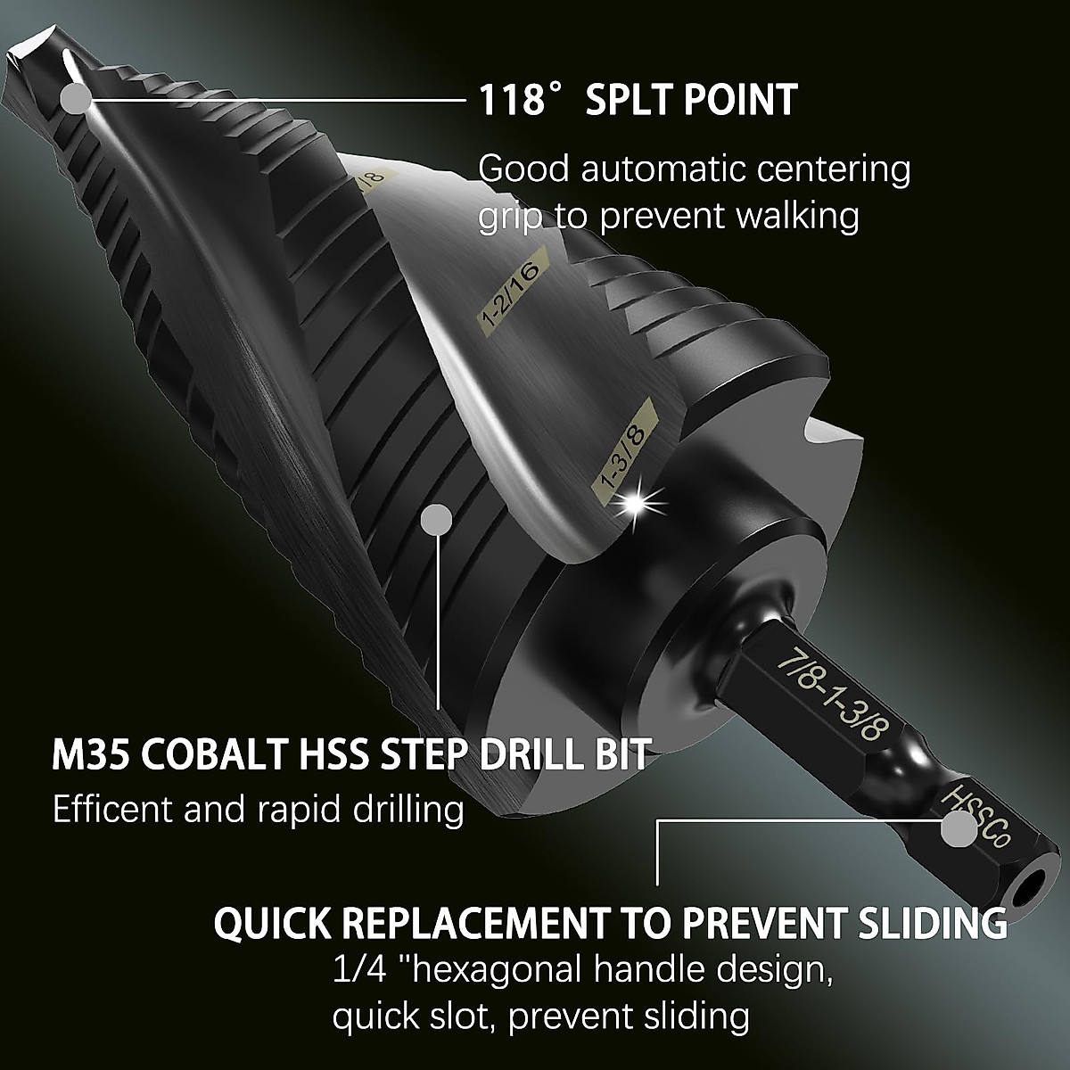 Step Drill Bit M35 Cobalt Four Helical Flutes 1/4" Hex Shank Drill 1/8"-1/2 (13 Sizes) for Working Metal, Wood, Aluminum, Plastic, Great for DIYers