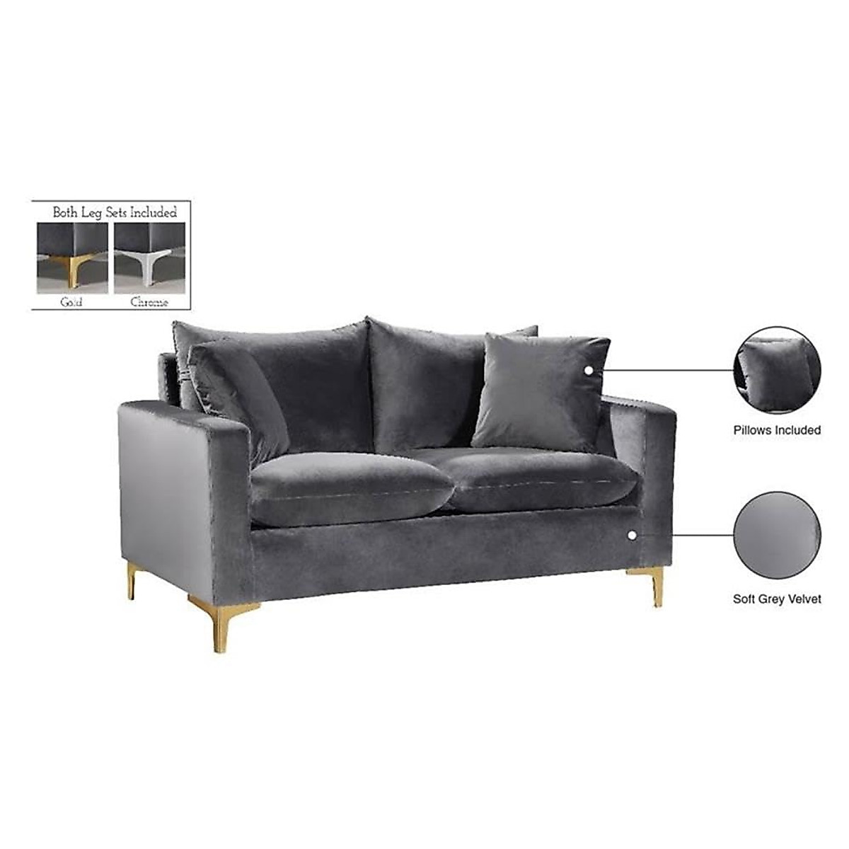 Meridian Furniture Naomi Collection Modern | Contemporary Grey Velvet Upholstered Loveseat with Stainless Steel Base in a Rich Gold or Chrome Finish, 633Grey-L