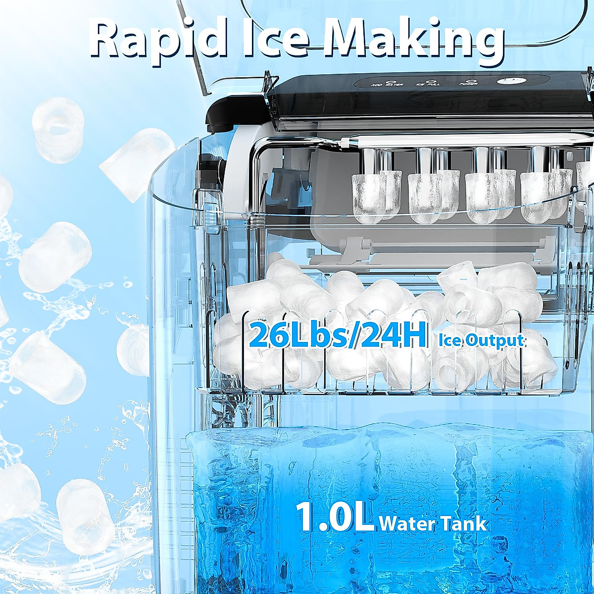 Countertop Ice Maker Antarctic Star Portable Ice Machine with Handle,Self-Cleaning Ice Makers, 26Lbs/24H, 9 Ice Cubes/6 Mins for Home Kitchen Bar Party, Stainless Steel Black