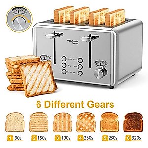 Toaster 4 slice,whall Stainless Steel Toaster 6 Bread Shade Settings,Bagel/Defrost/Cancel Function with Dual Control Panels,Removable Crumb Tray,Extra Wide Slots,for Various Bread Types 1500W