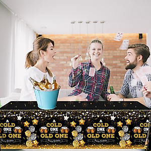 Juweked Beer Party Decorations,Black and Gold Happy Birthday Tablecloth for Men A Cold One for The Old One Plastic Tablecloth for 30th 40th 50th Birthday Cheers and Beers Party Supplies