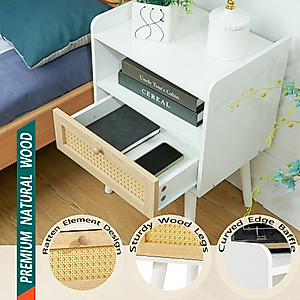 RKVPCNE Rattan Nightstand Night Stands Bedside Table, Boho Nightstands Natural Wood Nightstand End Tables with Solid Wood Legs & Drawer, Open Storage Shelf Side Tables Bedroom Small Space, White