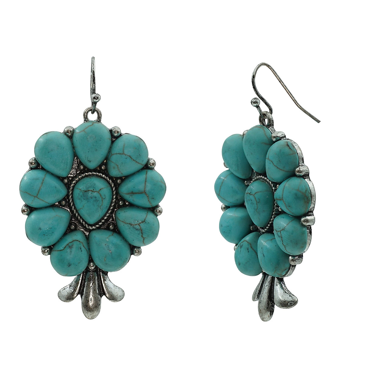 Turquoise Stone Squash Blossom Pendant Bib Statement Faux Navajo Pearl Necklace 20 Inch and French Hook Earrings (Silver Burnish/Turquoise)