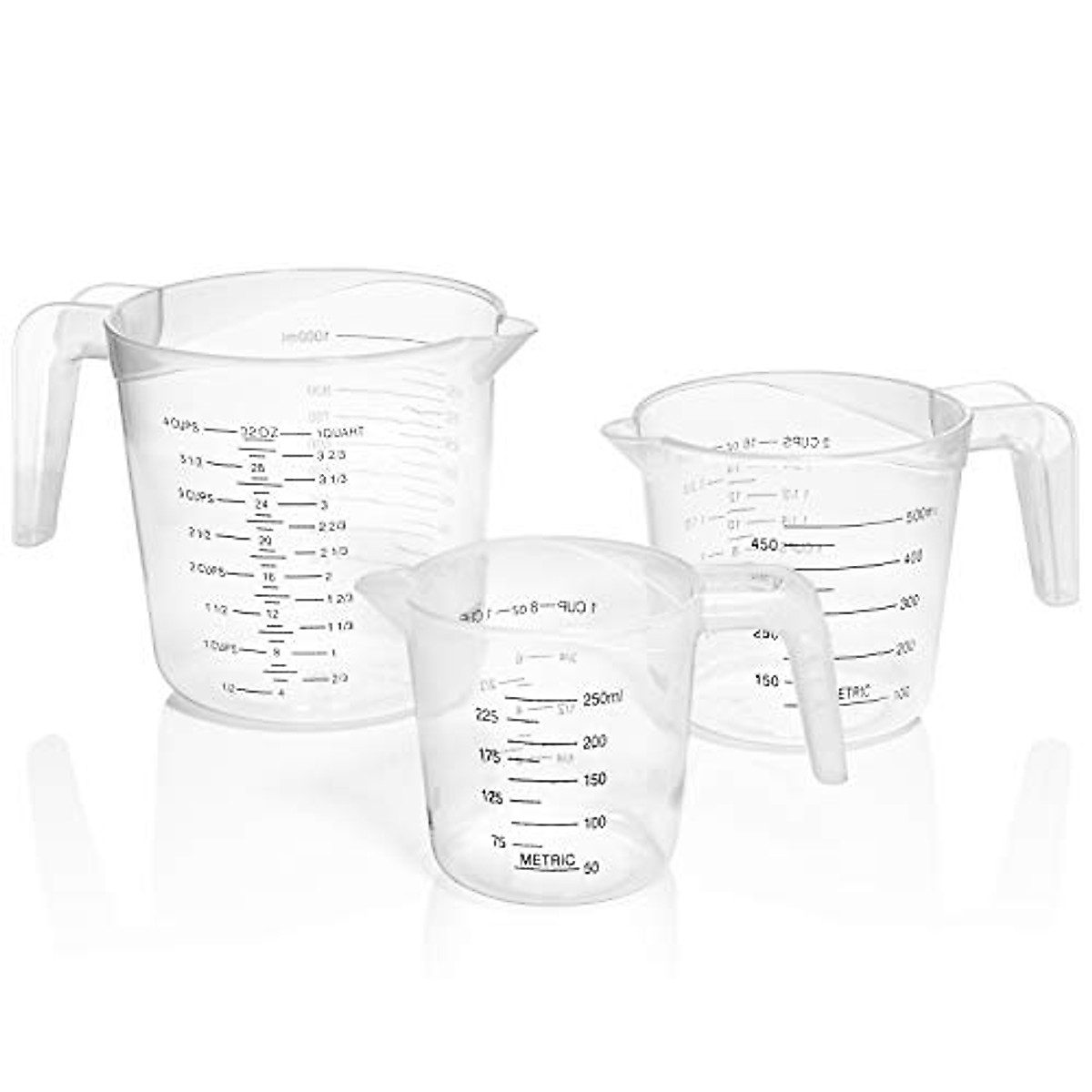 Terbold 3pc Measuring Cup Set in Clear Plastic with Long Handles - 1 Cup, 2 Cup, 1 Quart Sizes